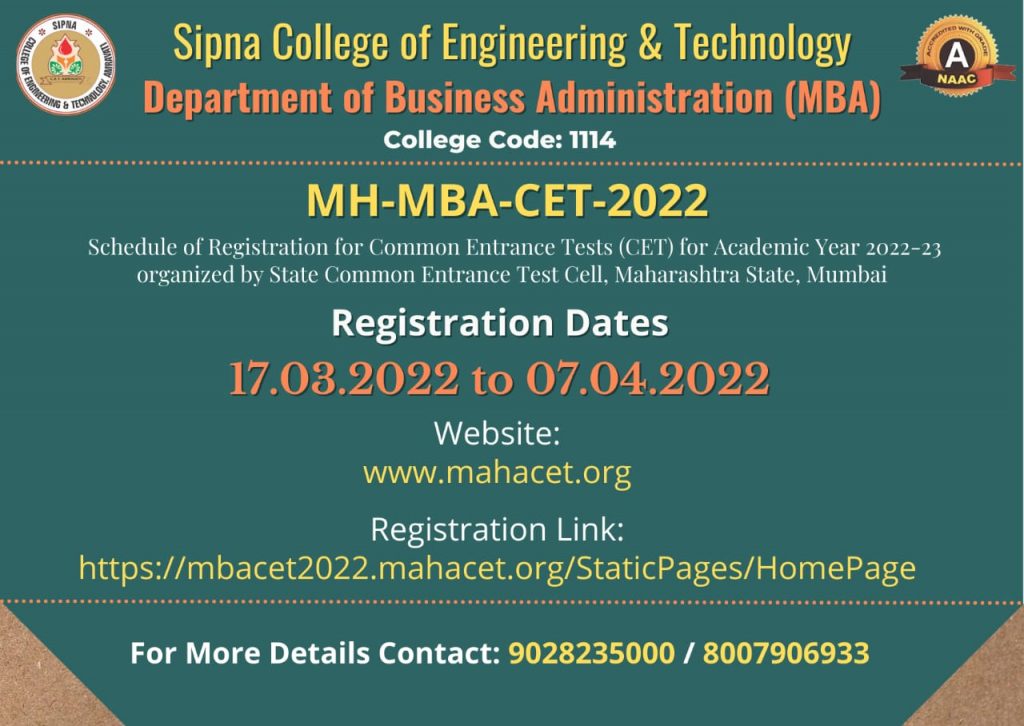 MH-MBA-CET-2022 – Sipna College Of Engineering And Technology, Amravati