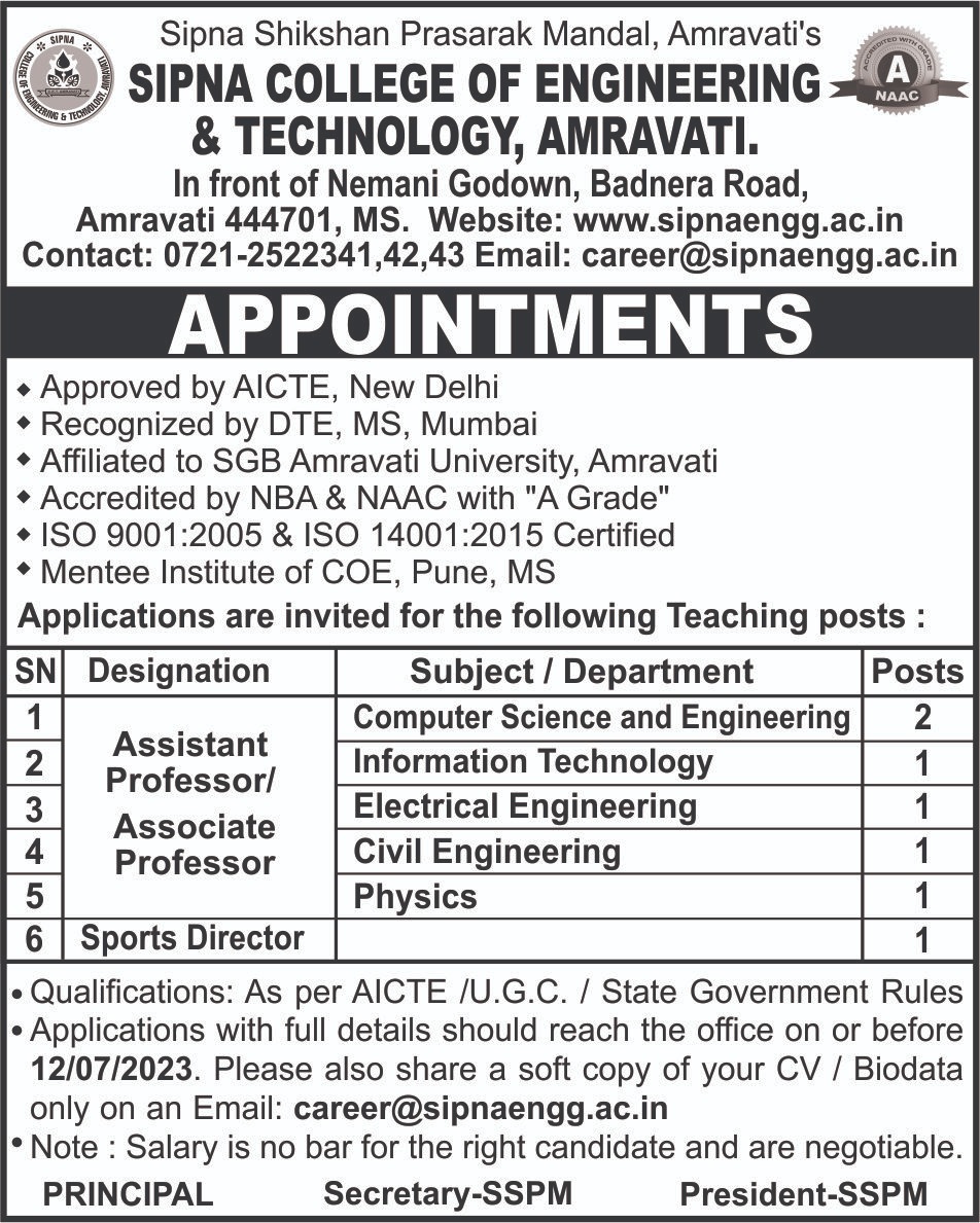 Appointments – Sipna College Of Engineering And Technology, Amravati